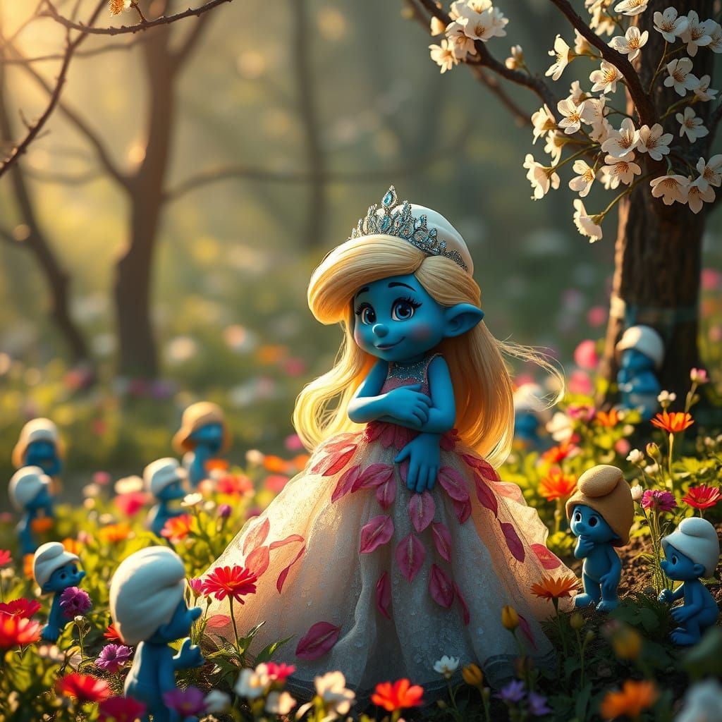 Smurfette as the fairy queen of a hidden spring valley, with a flowing ...