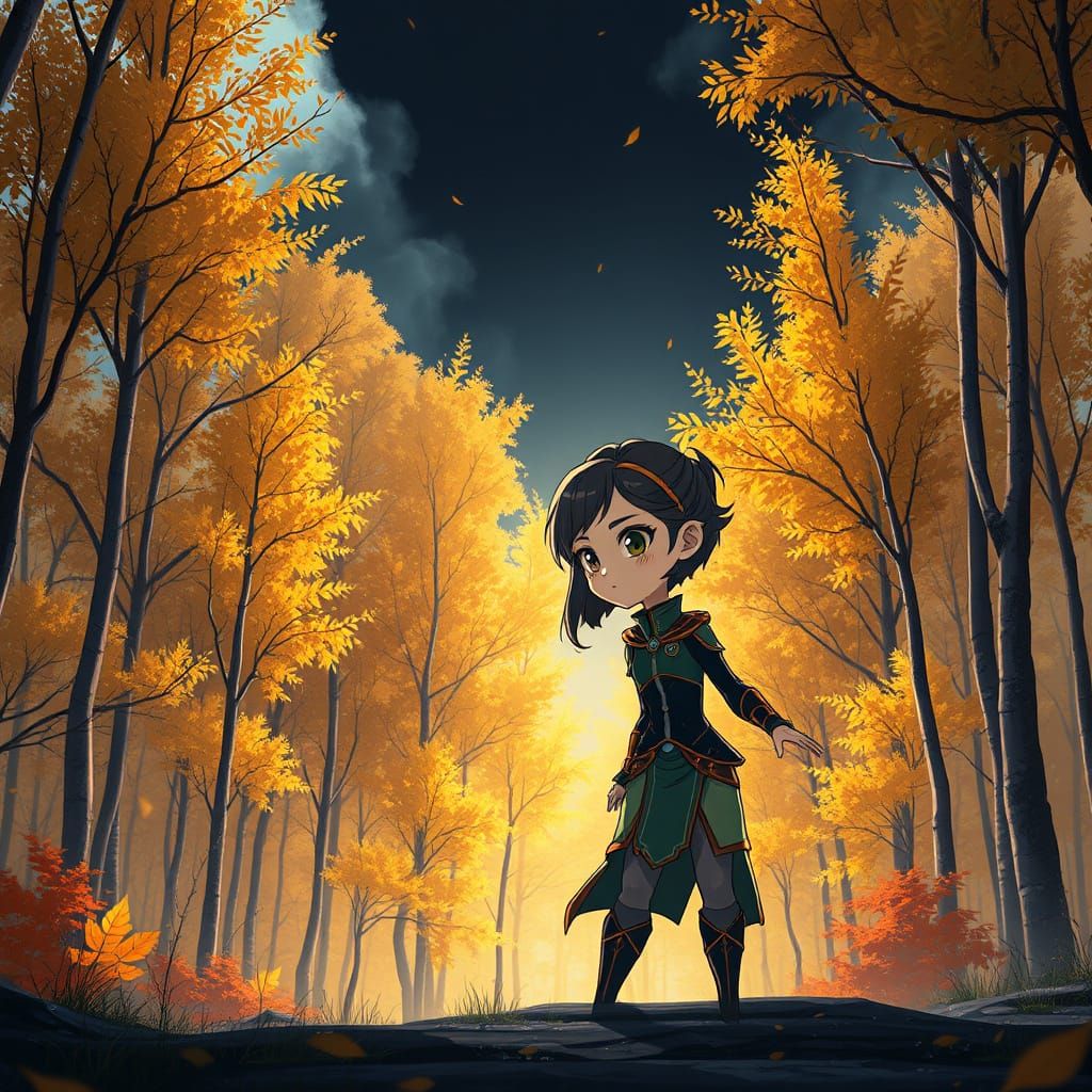 Heroic Chibi Superhero in Vibrant Autumn Groves - AI Art