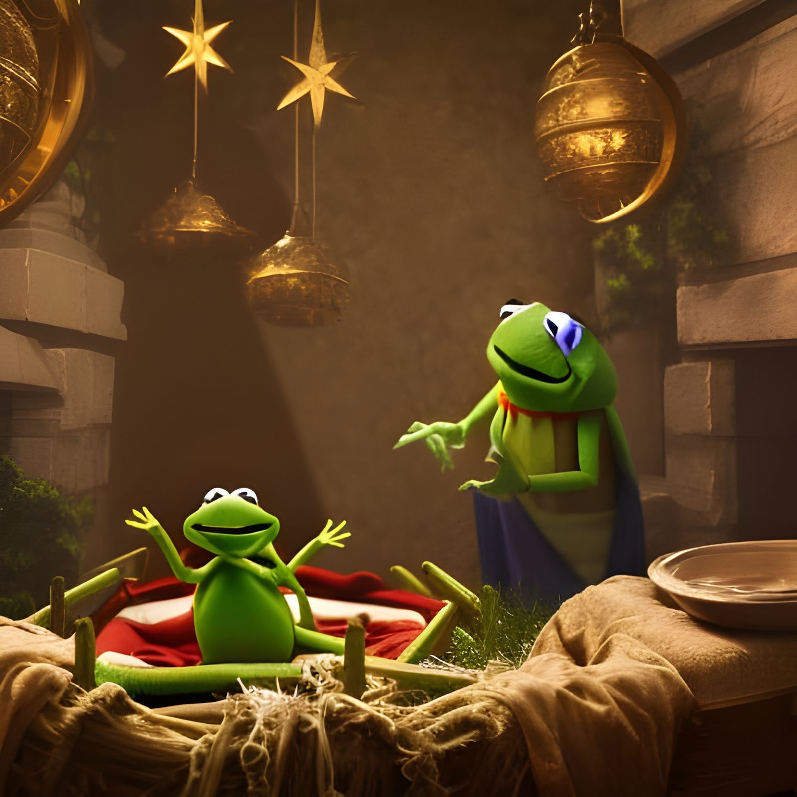 Baby Kermit Jesus laying in the manger. - AI Generated Artwork ...