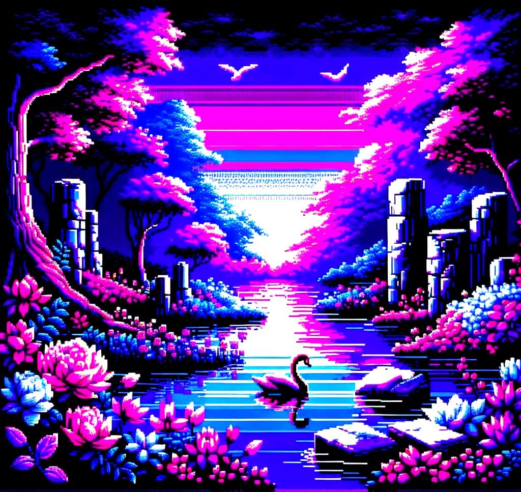 Pixel View - Vibrant Retro 8-Bit Landscape with Glitchcore A...