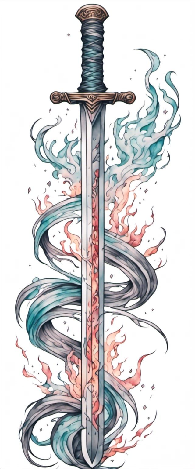 A series of tattoo of a katana sword wrapped in swirling pastel flames ...