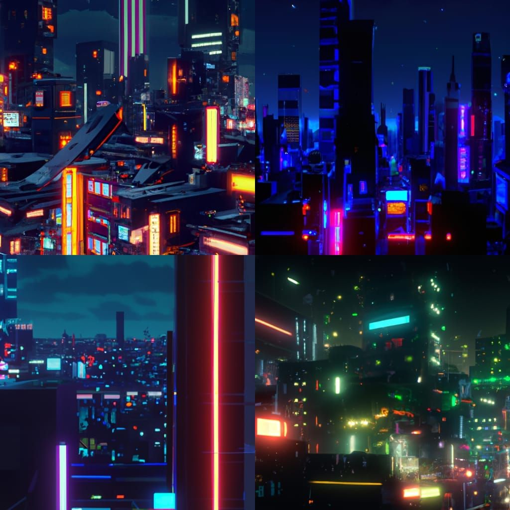 city lights at night, lots of lights, varied building heights ...