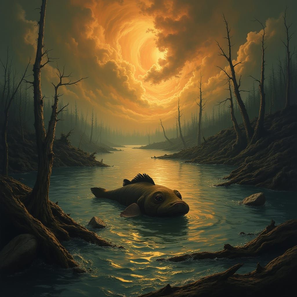 Axolotl in Atomic Storm, Post-Apocalyptic River Sc... - AI Art