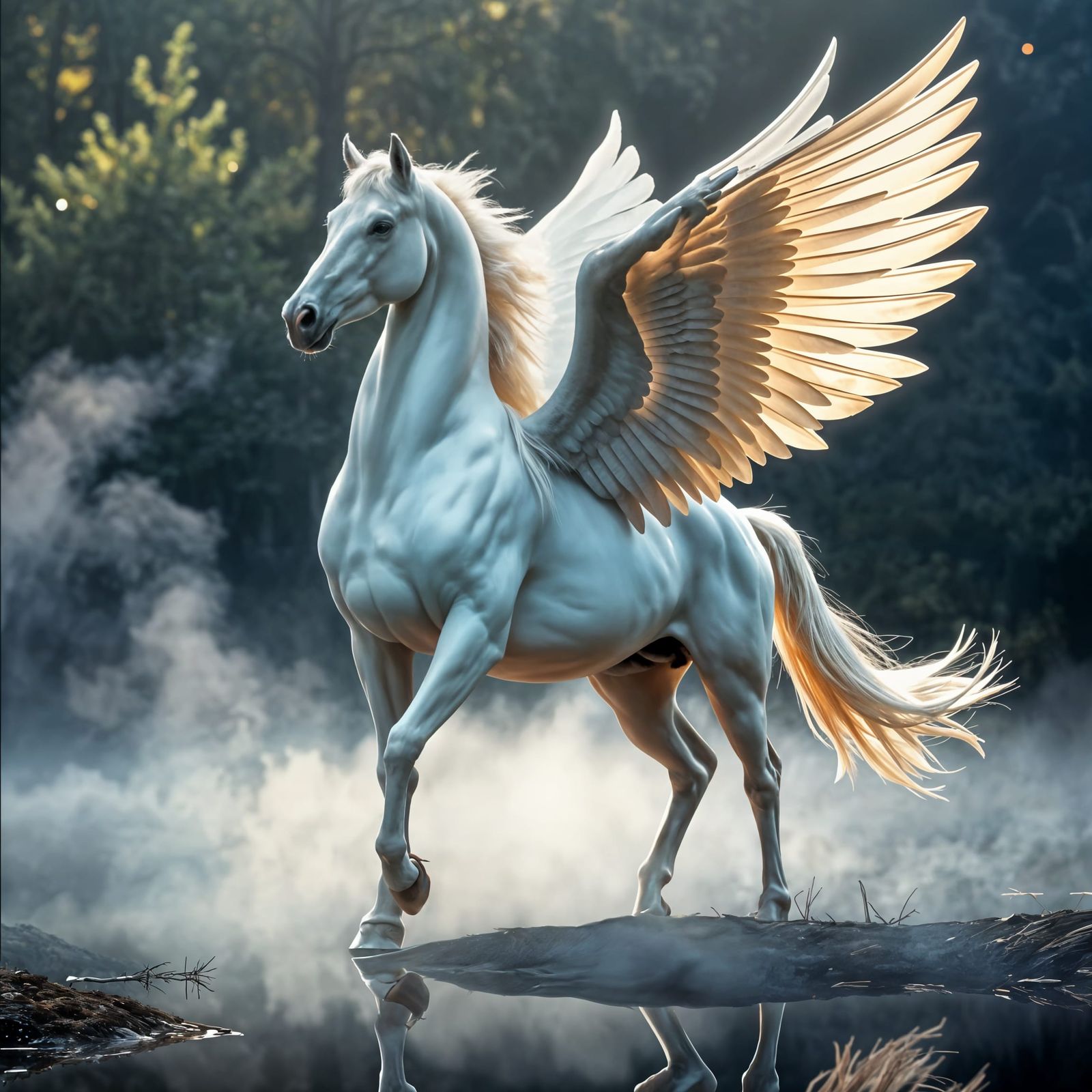 Pegasus - Majestic White Pegasus Stands in Foggy Forest Clea...