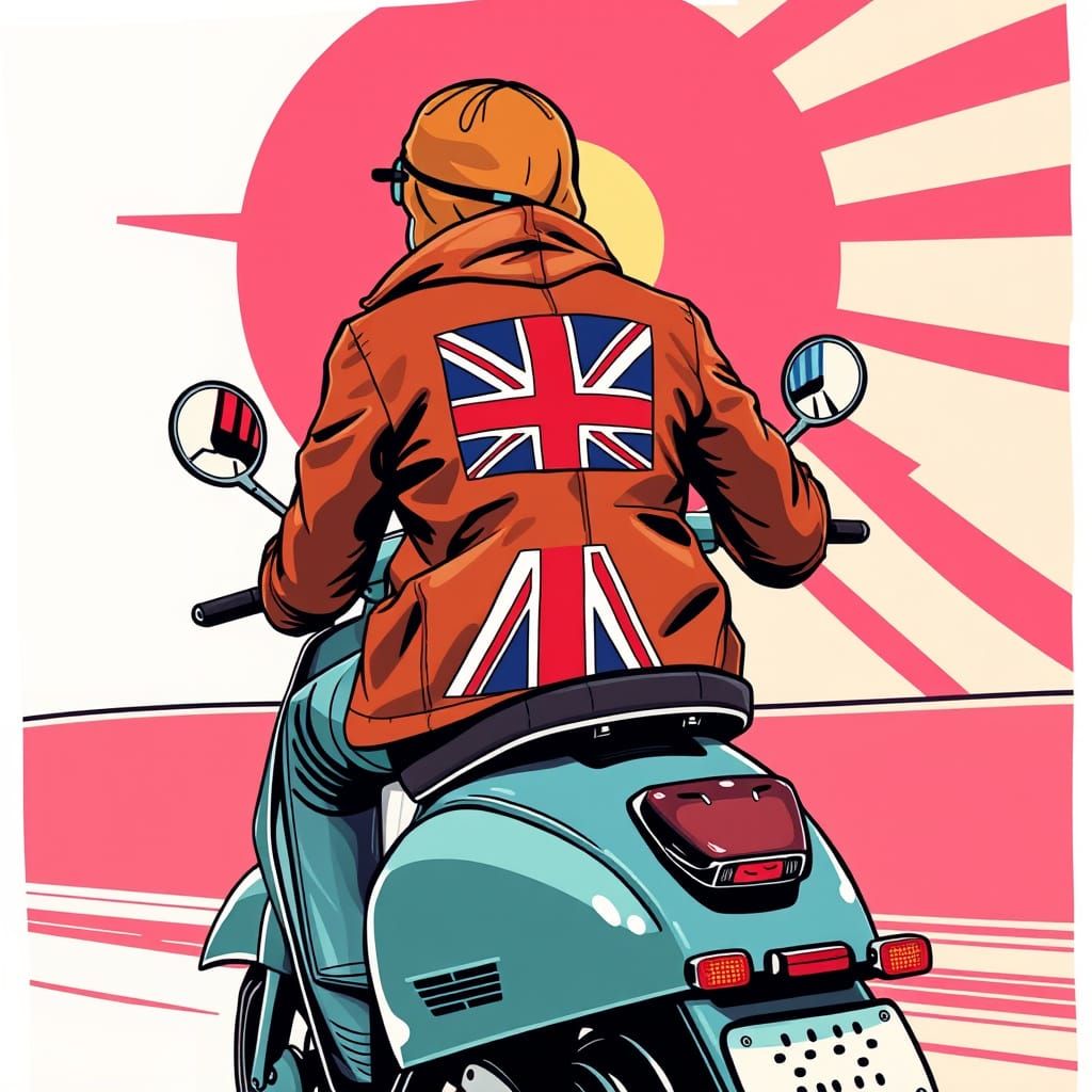 Mod wearing a parka on a mod scooter wrapped in "announcement 3" artwork