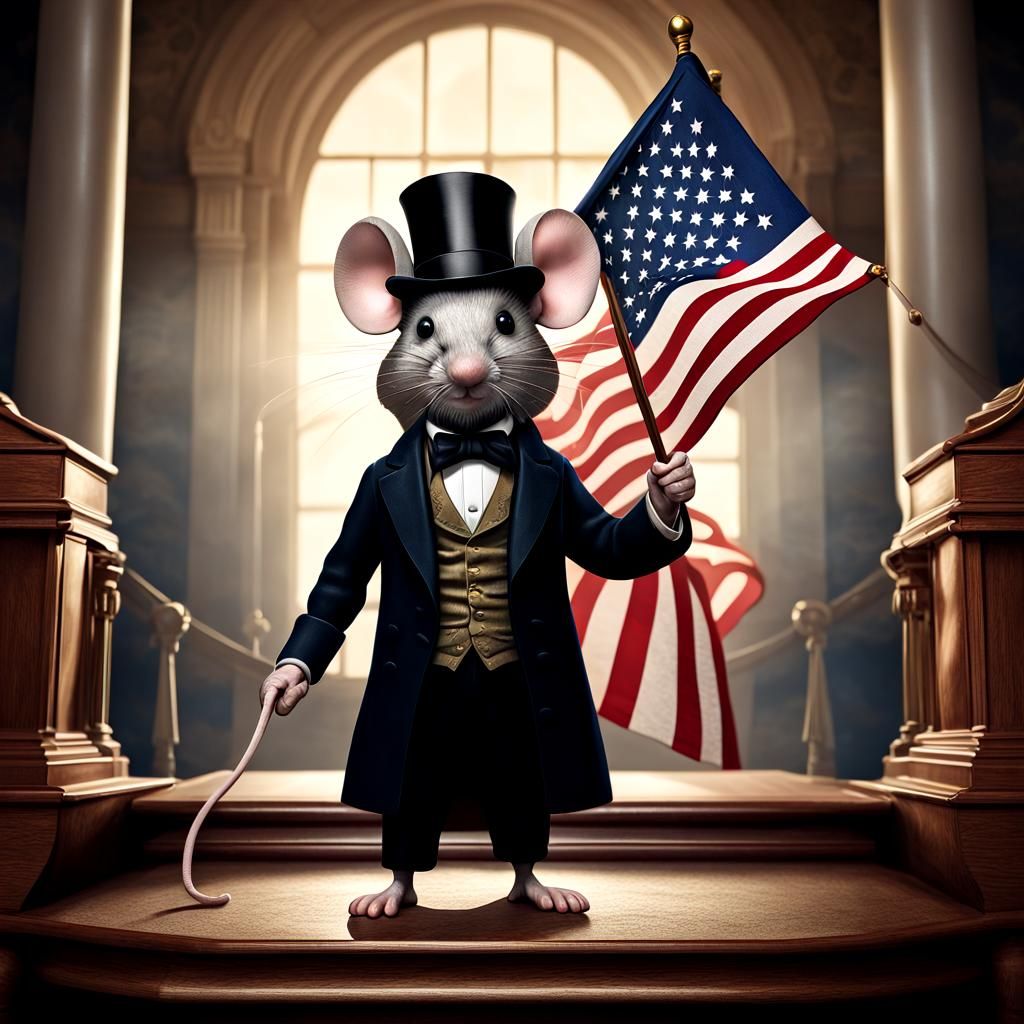 a mouse dressed as President Lincoln with a beard standing on a ...