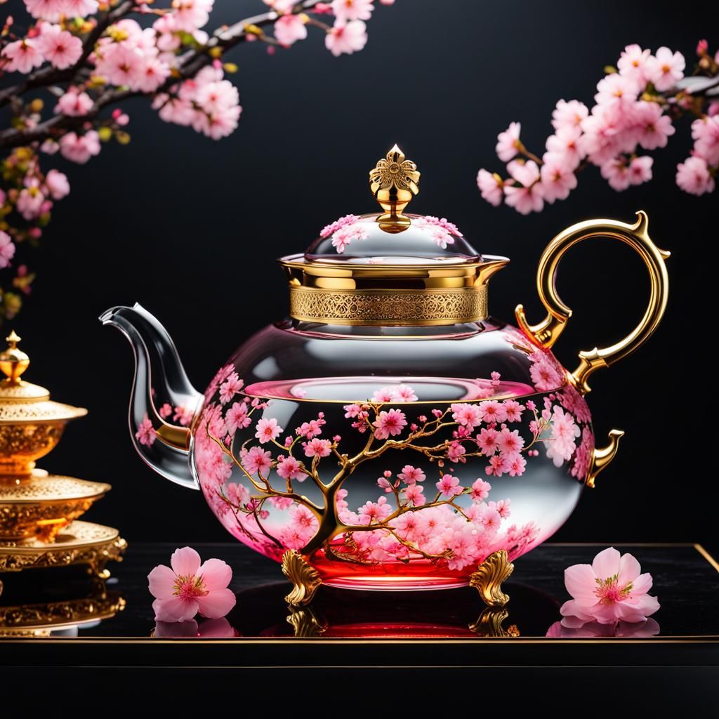Pink, glass and gold, a Sakura tea pot - AI Generated Artwork ...