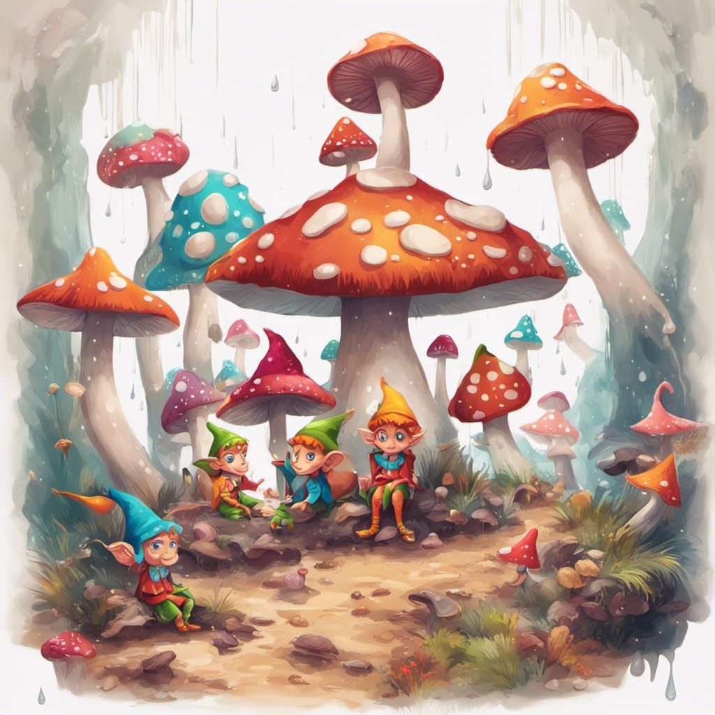 Arts work of design, lots of colorful elves sitting on the mushrooms ...