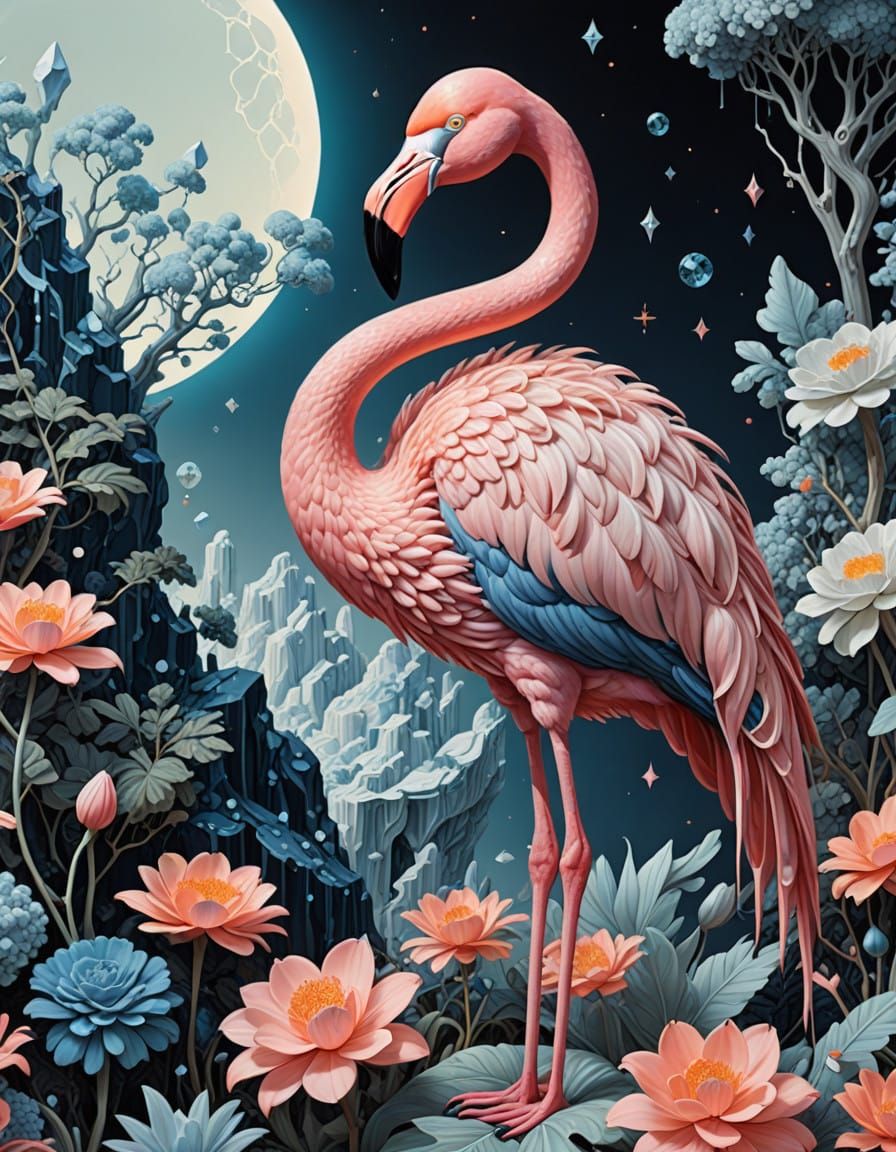 Hyper-Realistic Diamond Flamingo in Serene Reverie - AI Art