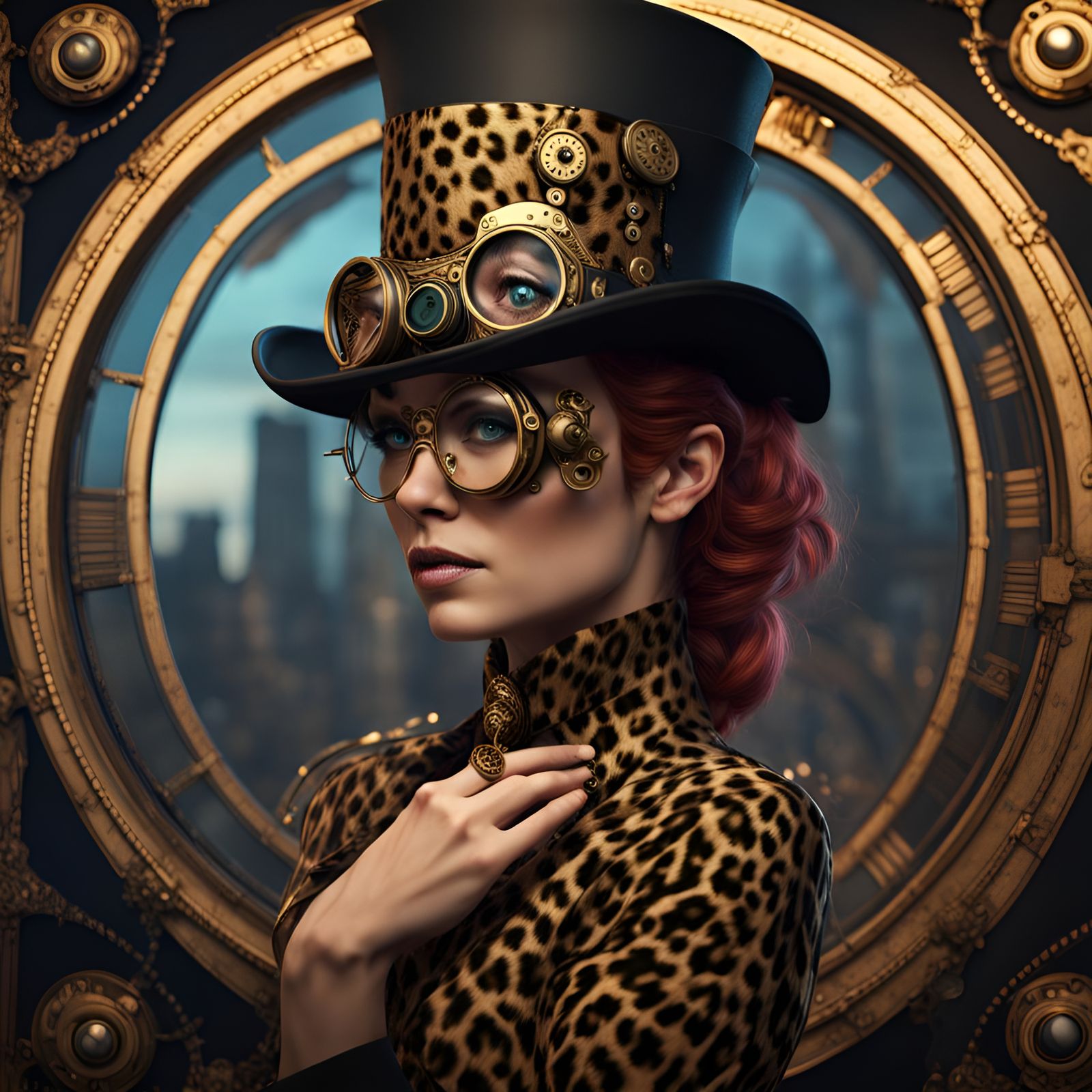 woman leopard print steampunk monocle long lashes - AI Generated Artwork - NightCafe Creator