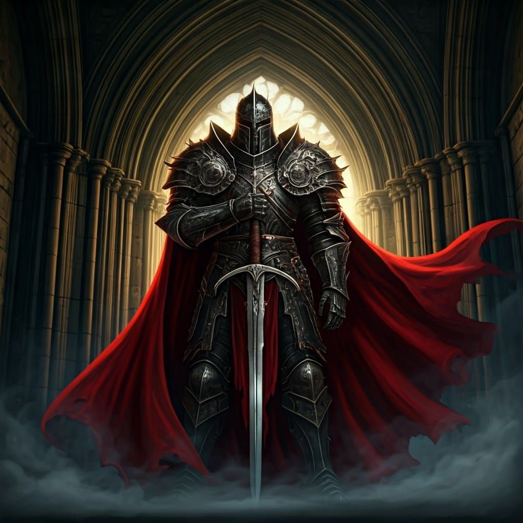 Within a towering Gothic cathedral archway, an imposing warrior looms ...