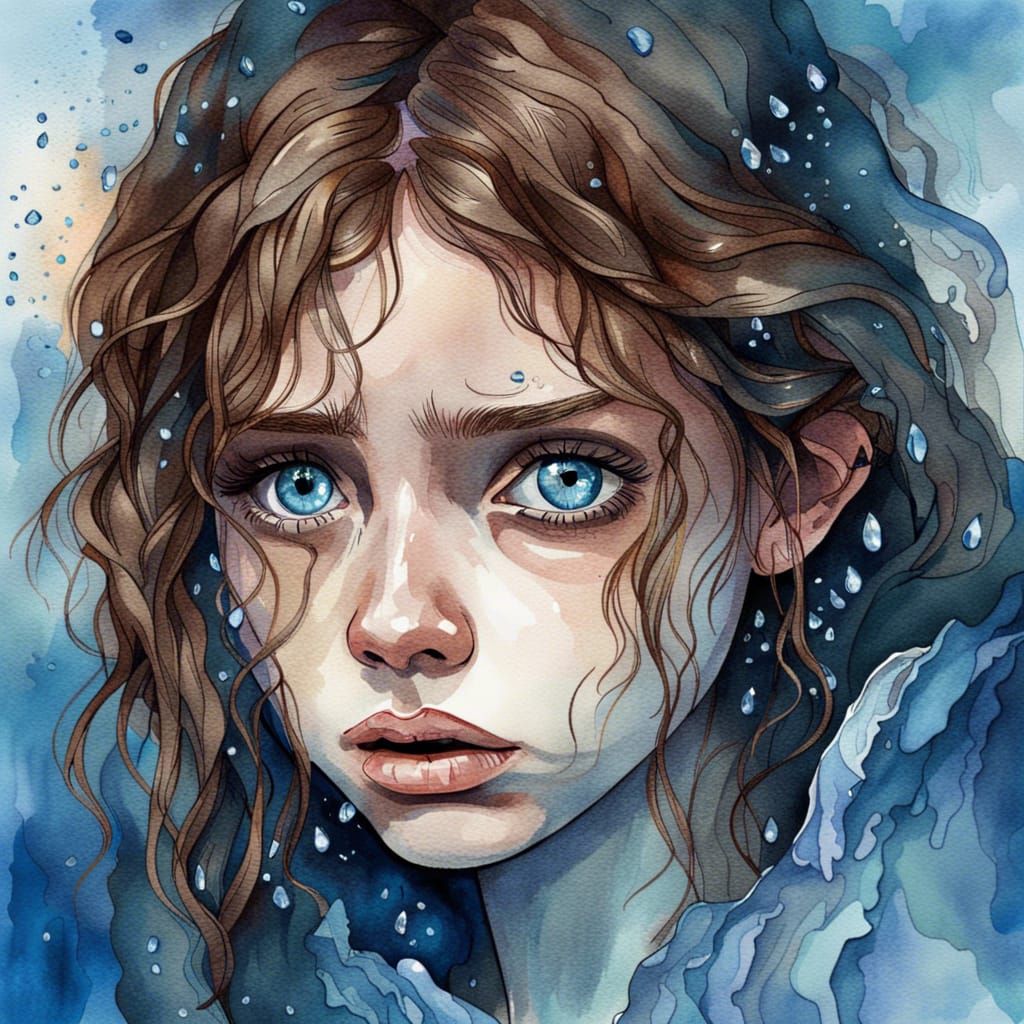 sad crying girl with crystal blue eyes and wavy brown hair;watercolour ...