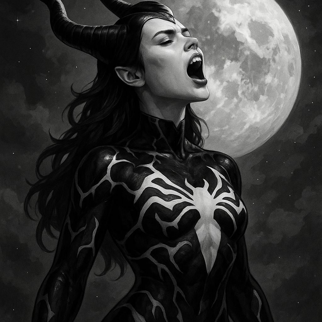Monochrome Venom Inspired Woman Howling at Moon - AI Art