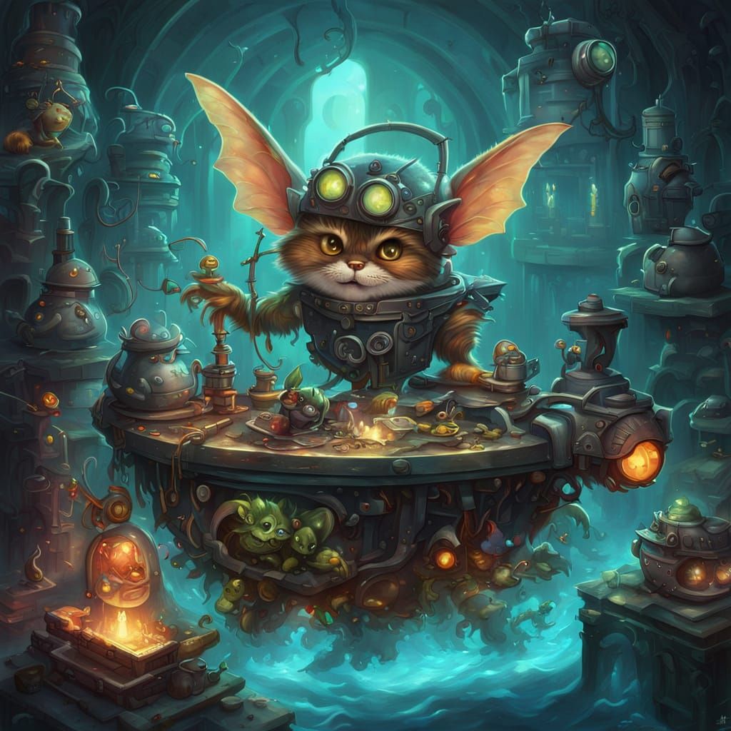 Underwater Wizard's Lab: Fairy Gremlins at Work - AI Art