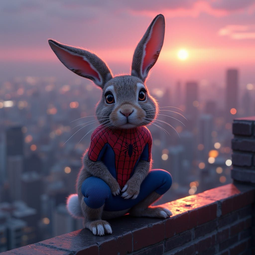 Rabbit as Cyberpunk Superhero in Cityscape - AI Art