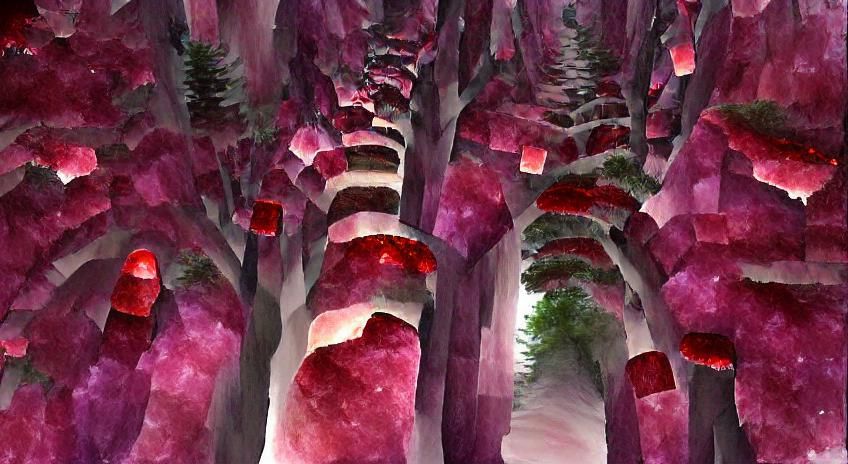 Path through a forest of geode trees with ruby pillars fantasy - AI ...