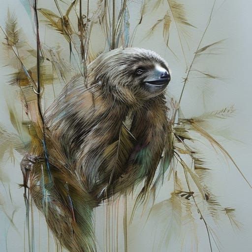 cute fluffy sloth, hanging on a branch, forest, by carne Griffiths ...