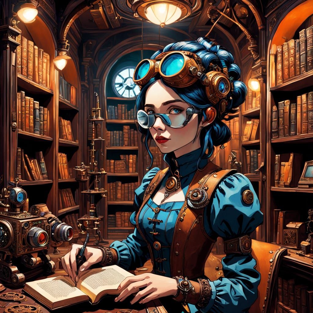 Inventor - Steampunk Inventor Girl in Dark Laboratory