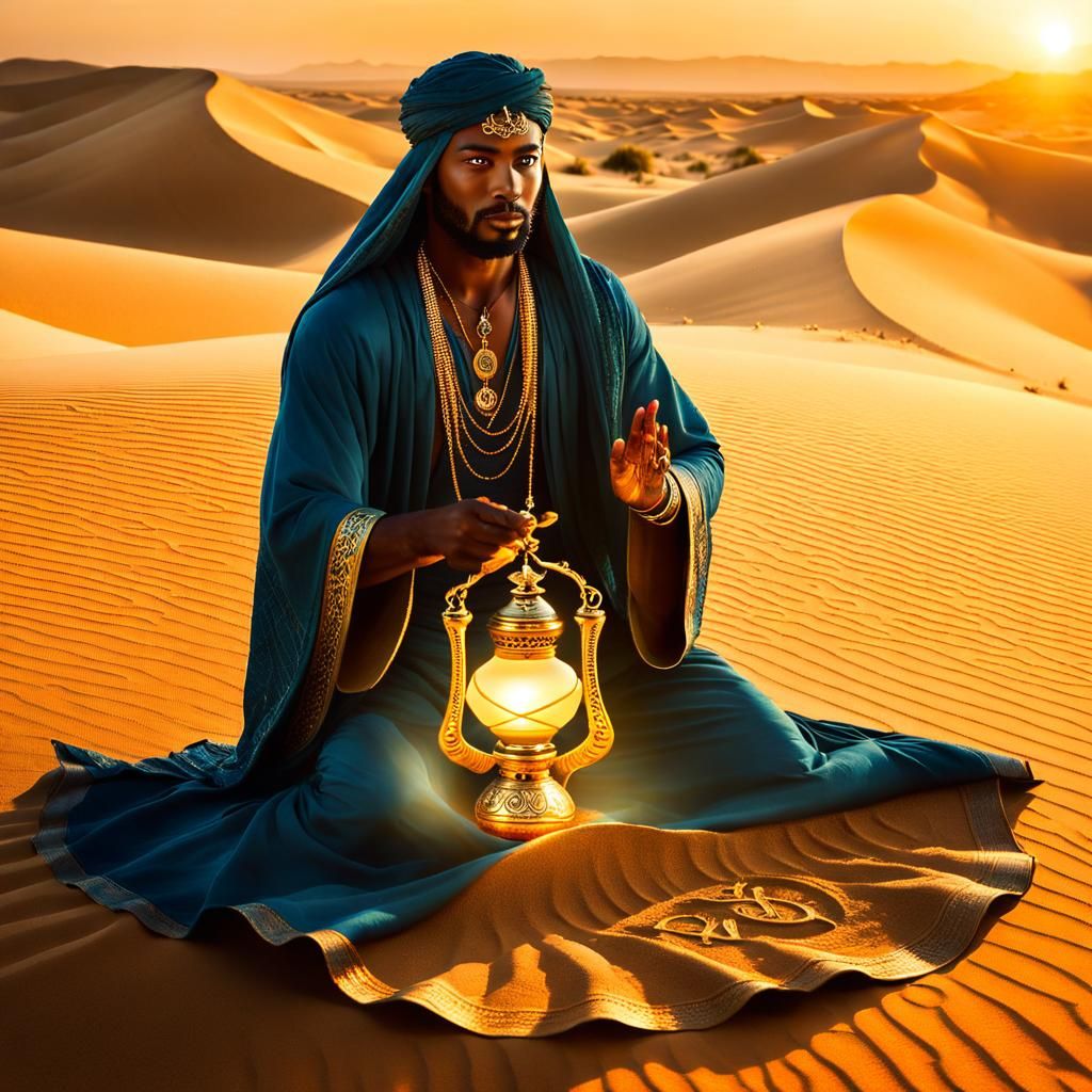 A glamorous ethereal Sand Djinn with shining eyes in sand etched ...