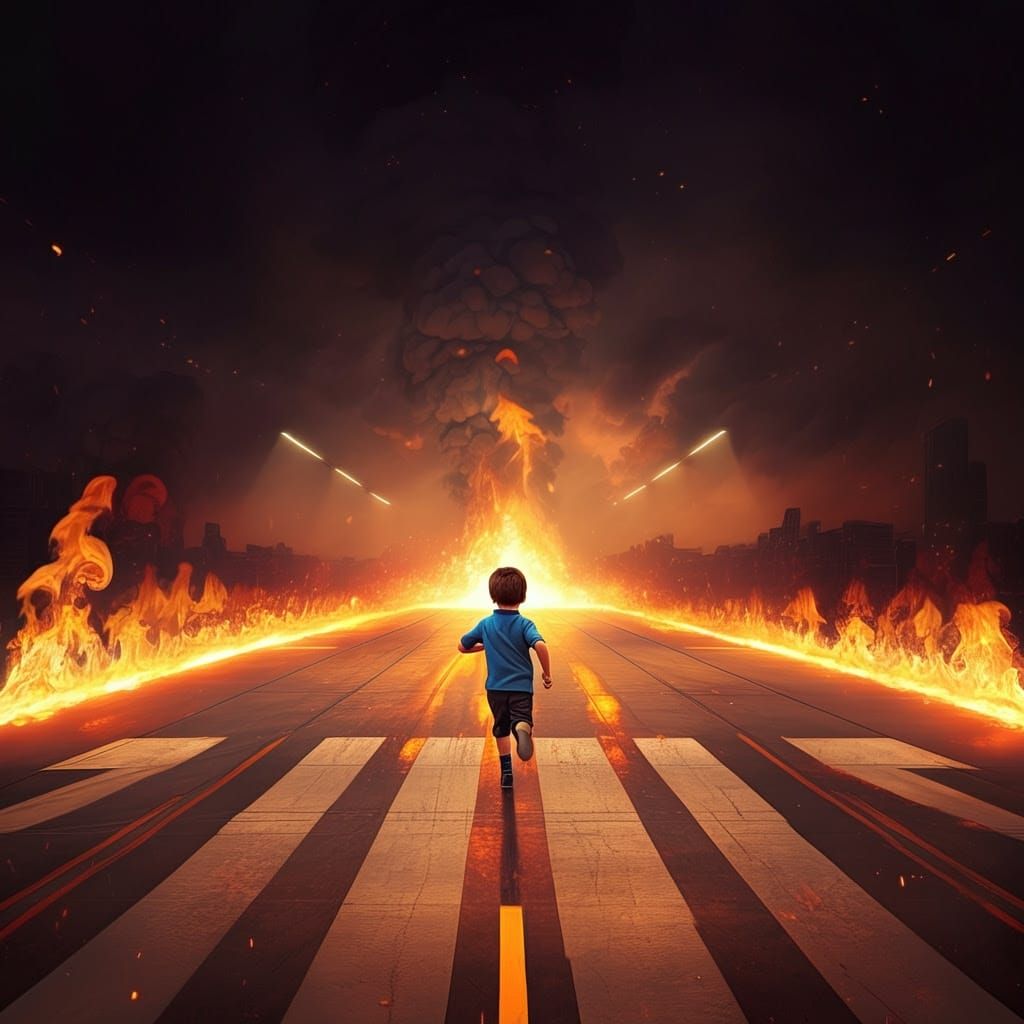 Boy Runs on Magical Fire Runway - AI Art