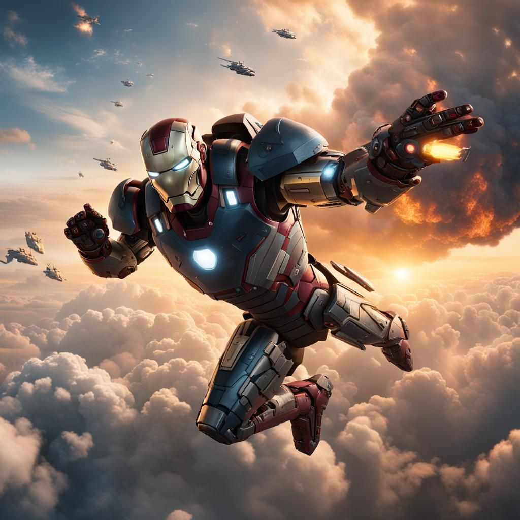 Tony Stark as War Machine flying through the clouds at sunset. - AI ...