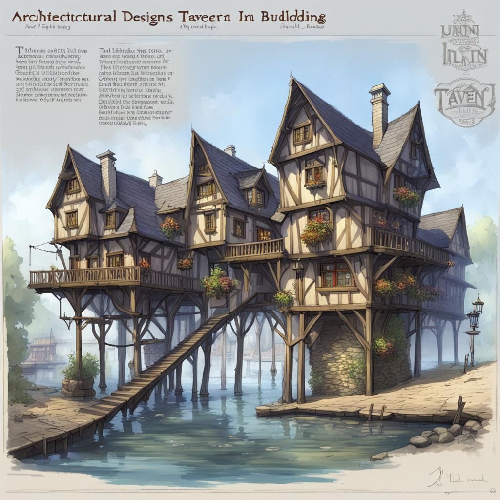 architectural designs, European fantasy building, concept art, tavern, inn, riverside, stilts ...