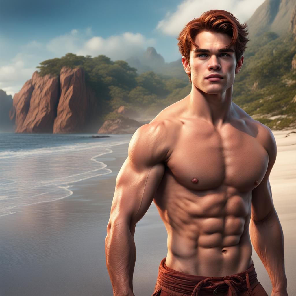 Kj Apa very muscular abs smooth with a giant bulge on the beach in a ...