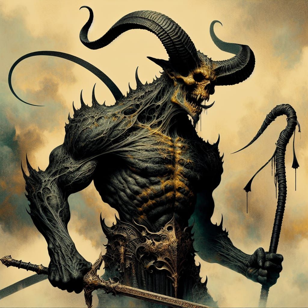 A sinister and muscular Diablo with yellowish black skin, with long ...