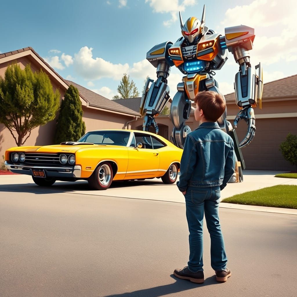 Teenage Boy Contemplates Futuristic Alien Robot Tr... - AI Art