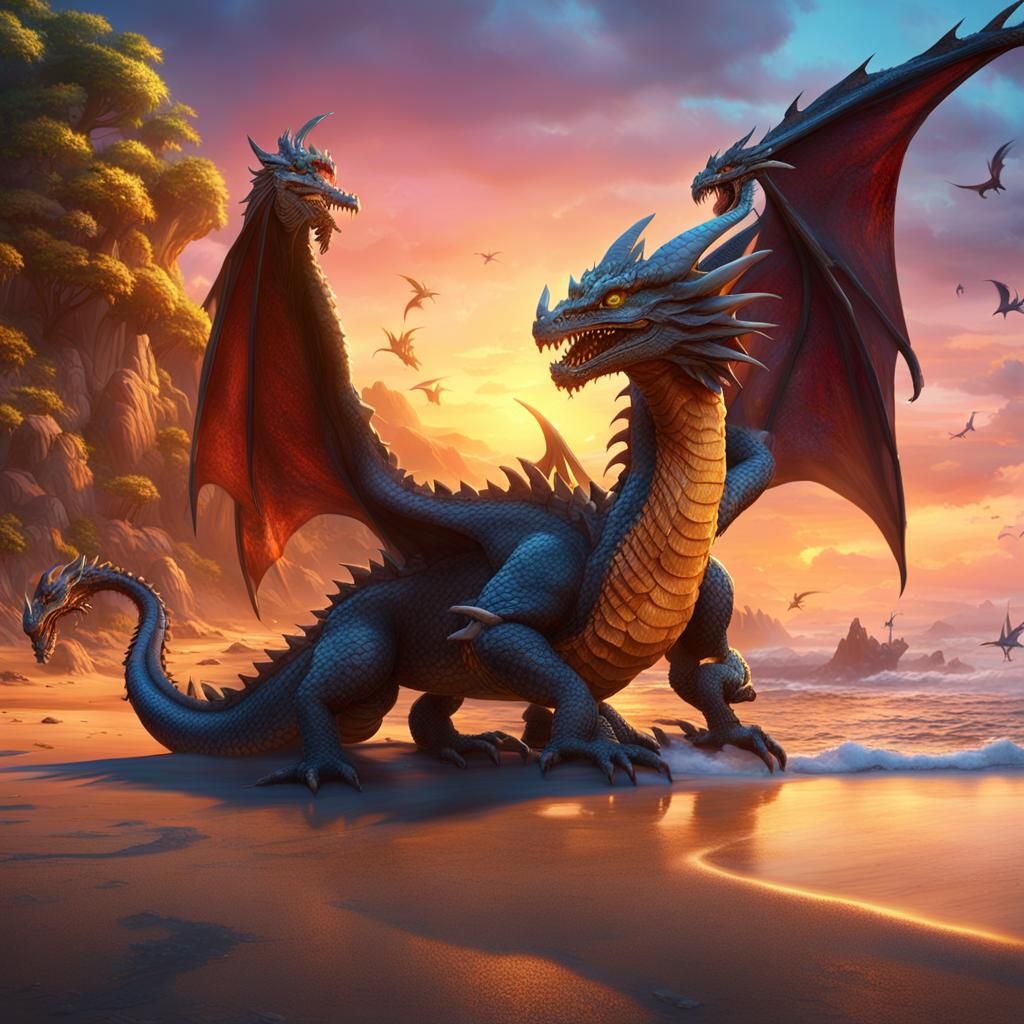Dragons enjoying a day at the beach at sunset. - AI Generated Artwork ...
