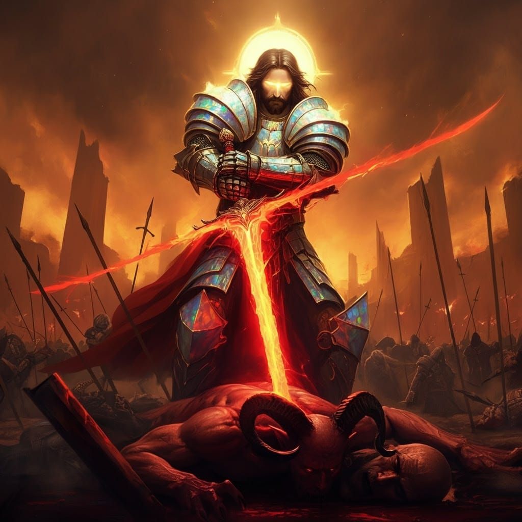 Majestic Jesus Christ in Opal Armor, Wielding Cele... - AI Art