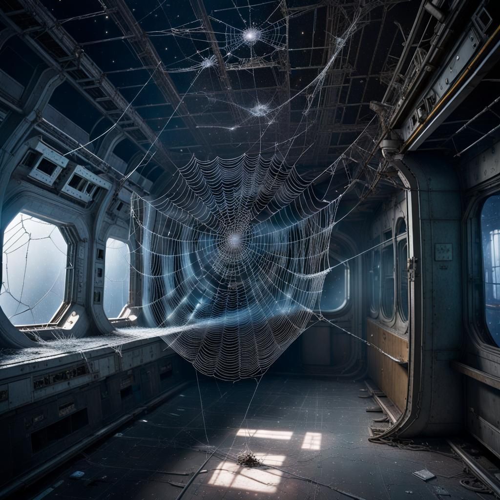 Spiderweb in an abandoned space station. The spiderweb stretches across ...