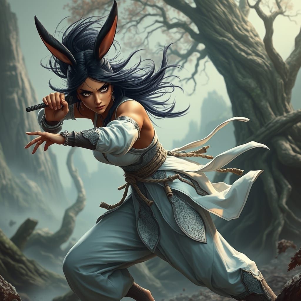 Fierce Warrior Xah-Ni Rabbit in Dynamic Combat Sta... - AI Art