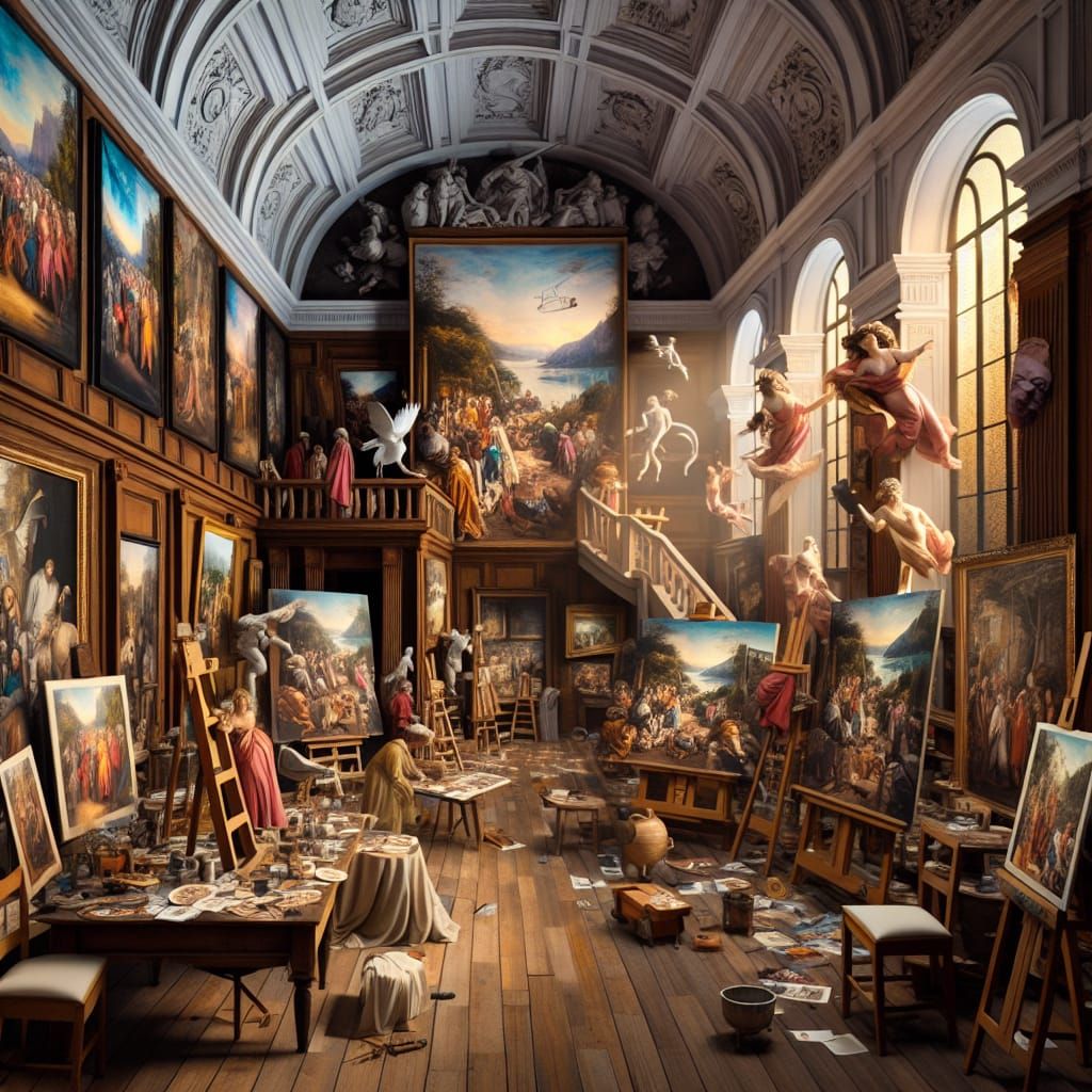 An artist's studio where the paintings on the easels and walls morph ...