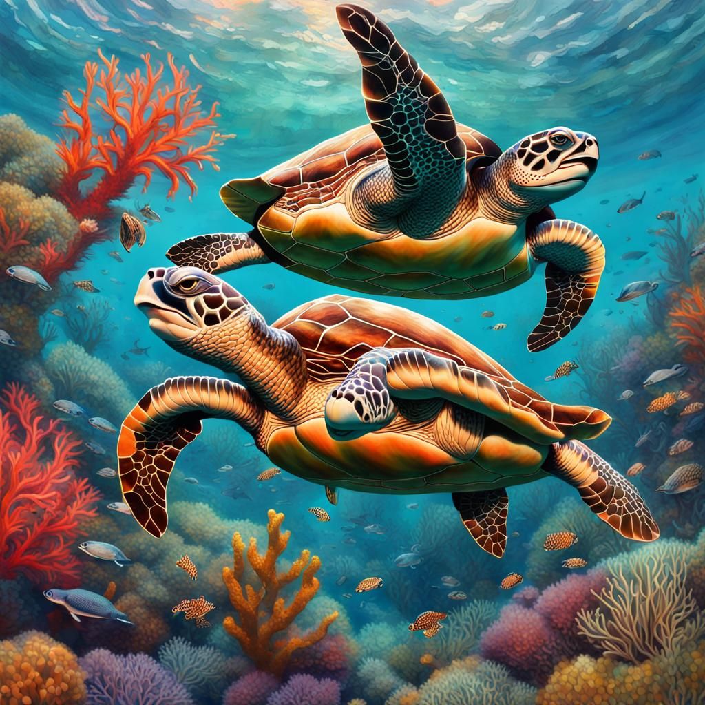 up-close image of 2 sea turtles swimming in the ocean, with corals and ...