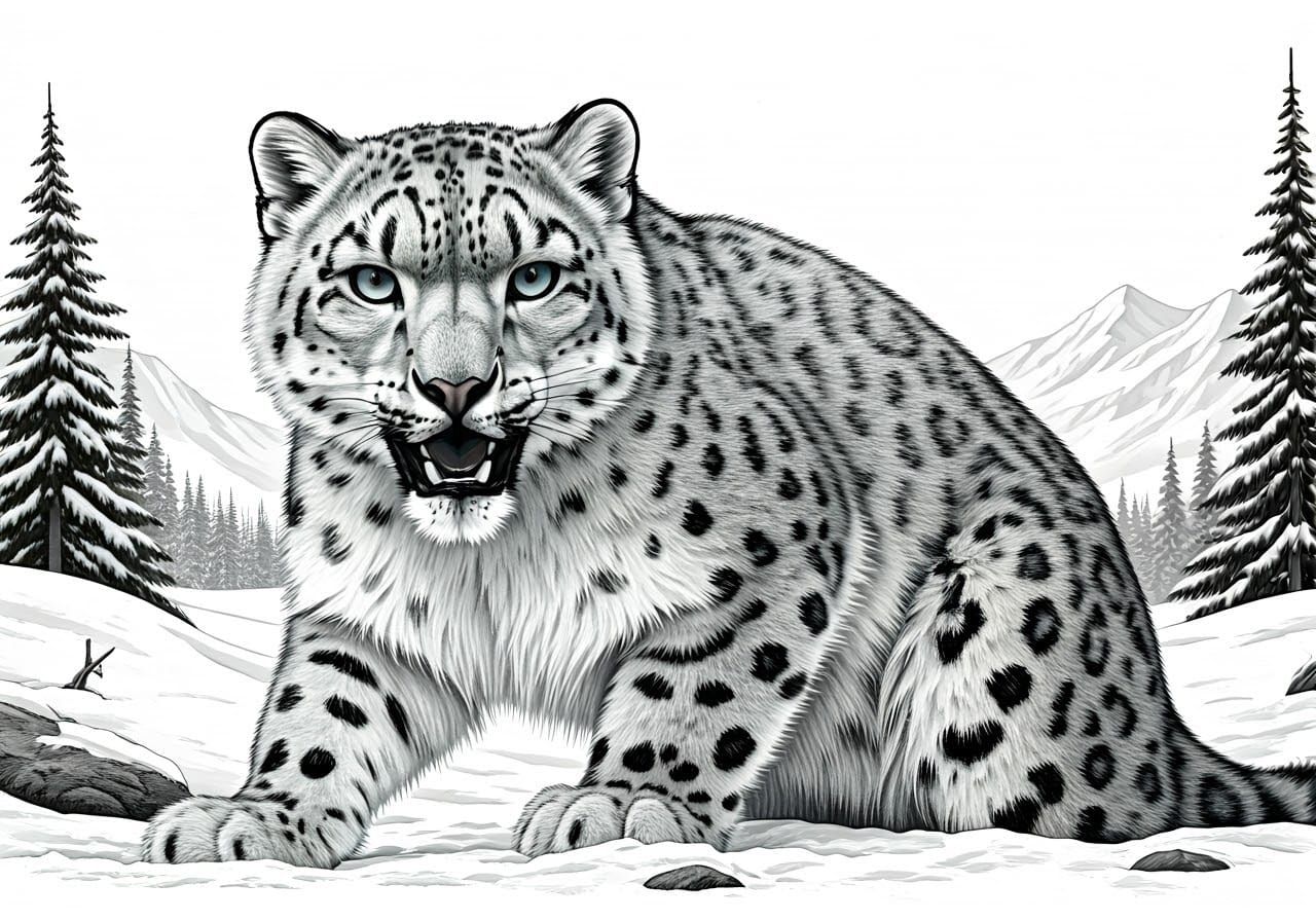 Regal Snow Leopard Confronts the Viewer in a Snowy... - AI Art