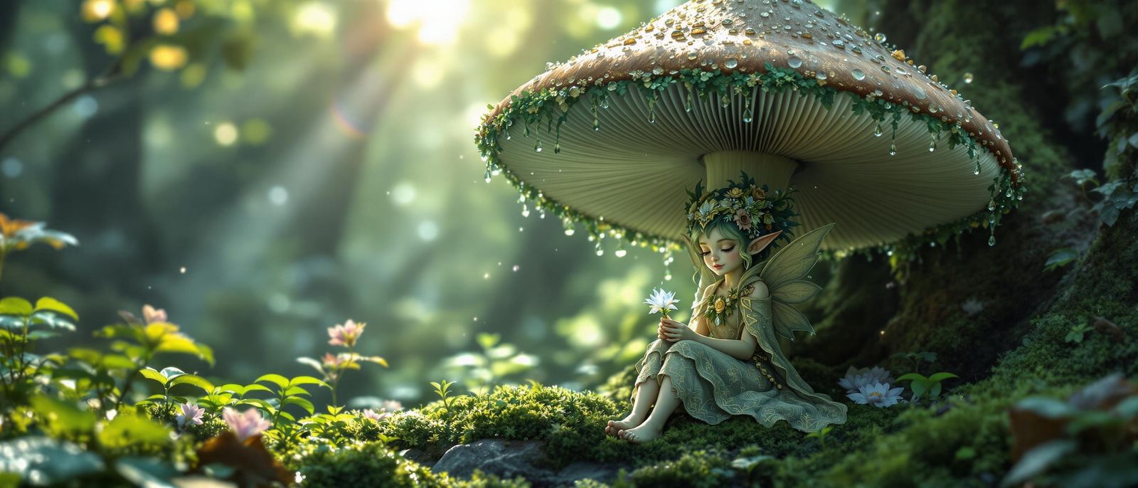 a tiny fey sitting underneat a mushroom.