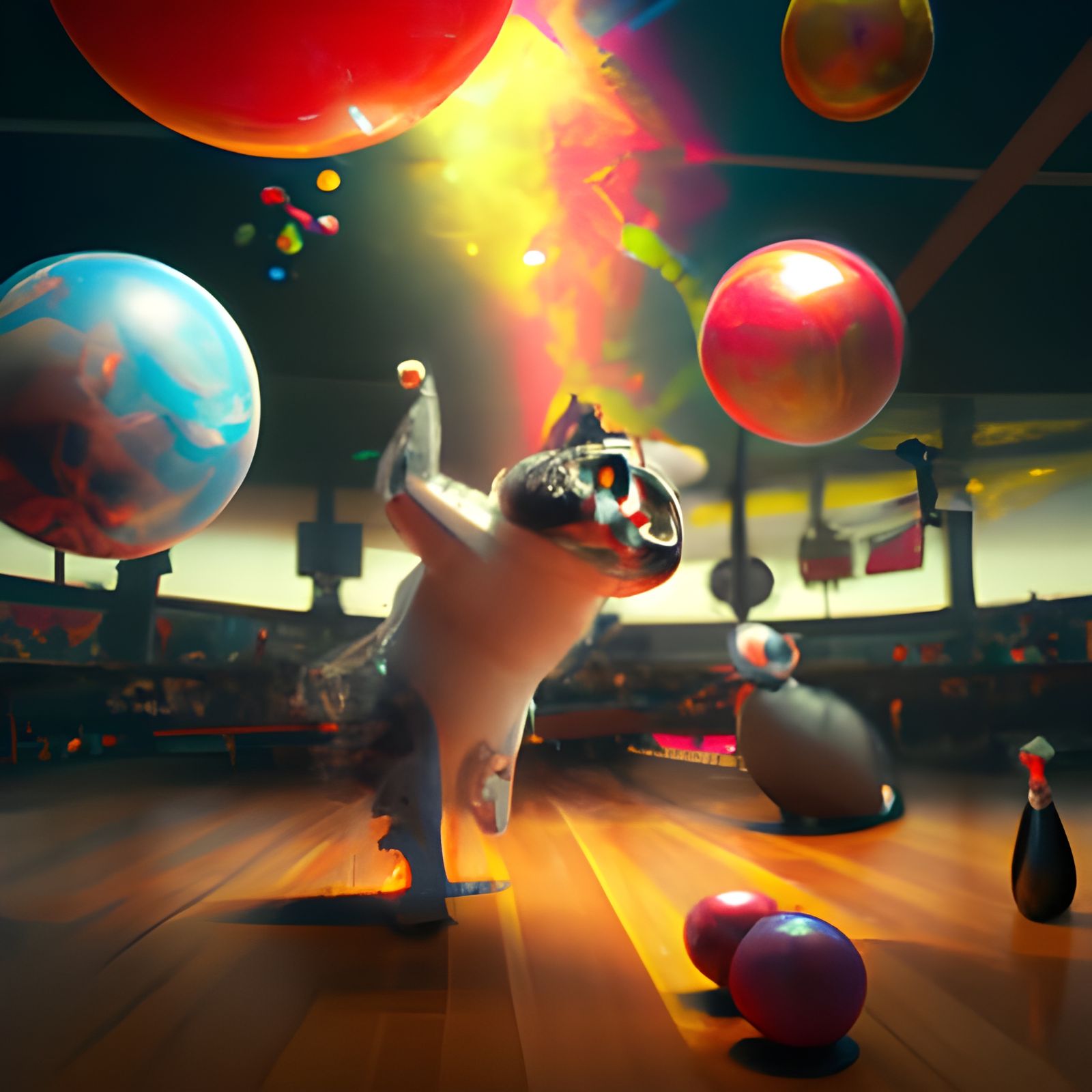 cat dancing while bowling balls are crashing down from the skies of ...