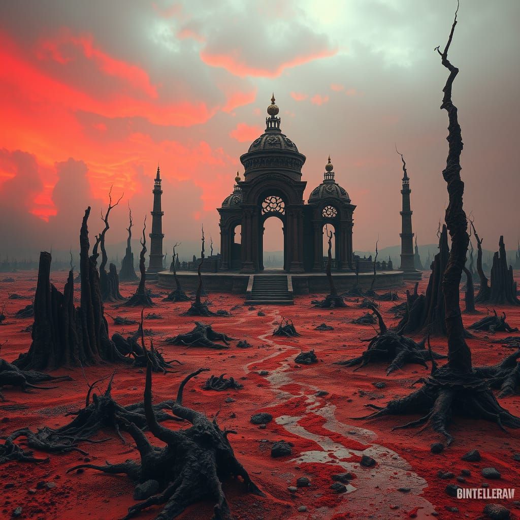 Blood-Red Wasteland with Baroque Ruins - AI Art
