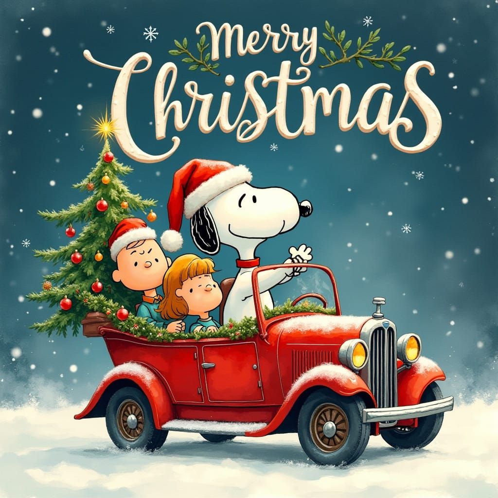 A Snoopy Christmas - Whimsical Watercolor Christmas Scene w...