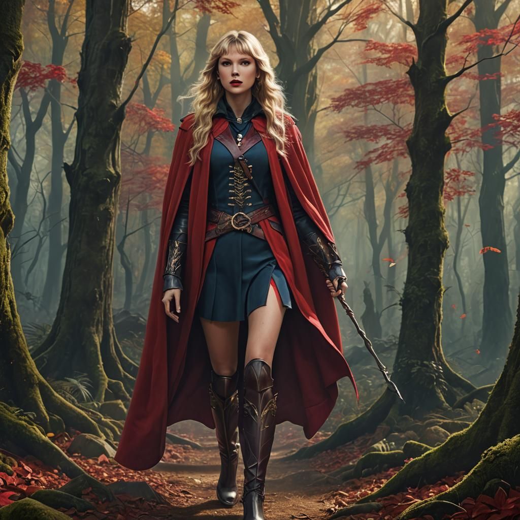 young Taylor Swift with staff and large pouch/saddlebag. red cloak ...