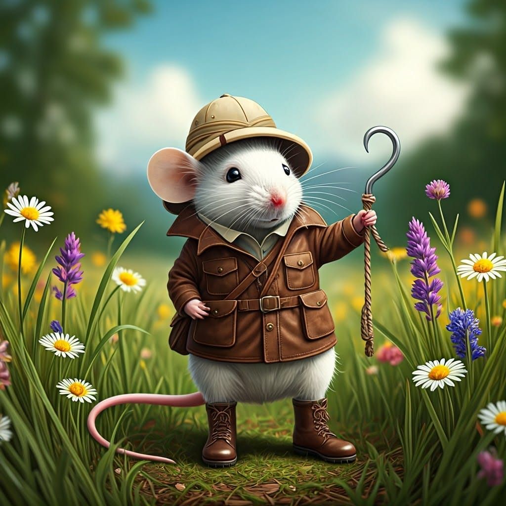 Whimsical Mouse Explorer in a Lush Green Meadow - AI Art