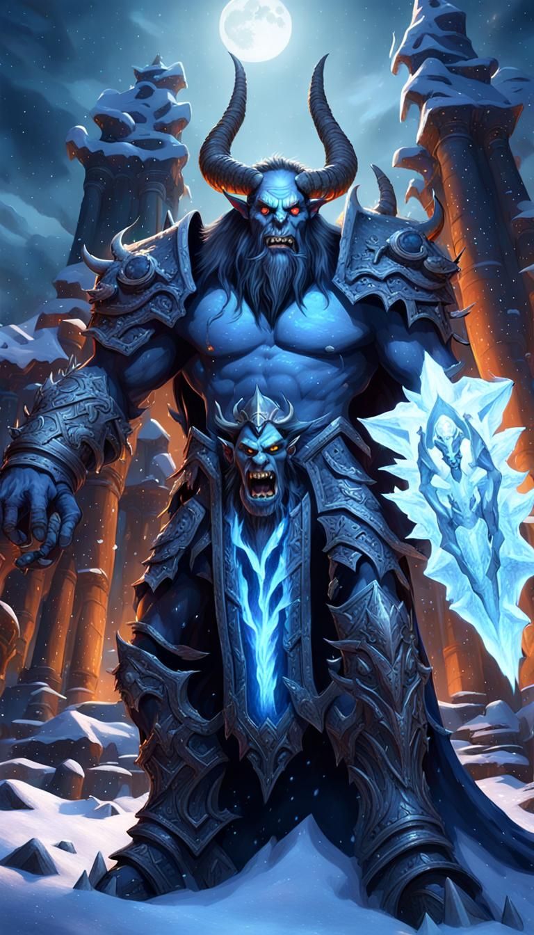 World of Warcraft, 3D, hyper-realistic. Colossal, horned figure of ...