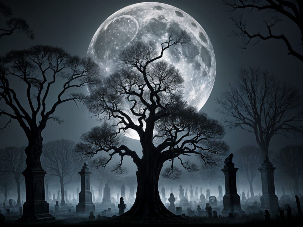 Ghostly smokey figures arise from an old graveyard at night. A full ...