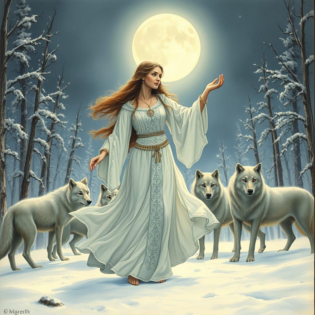 Celtic Goddess Dancing with Wolves Under Full Moon - AI Art