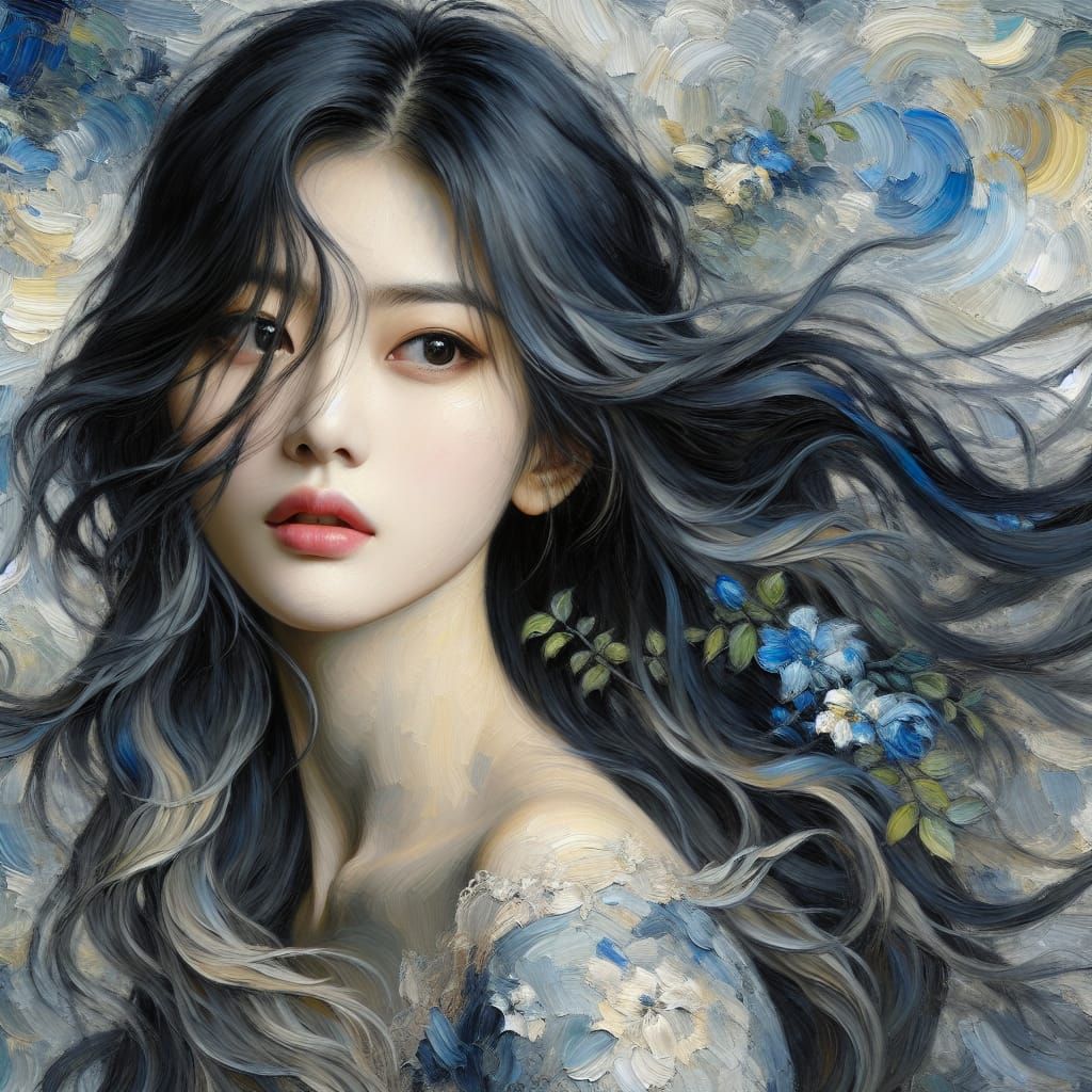 an image that portrays a female with delicate, East Asian facial ...