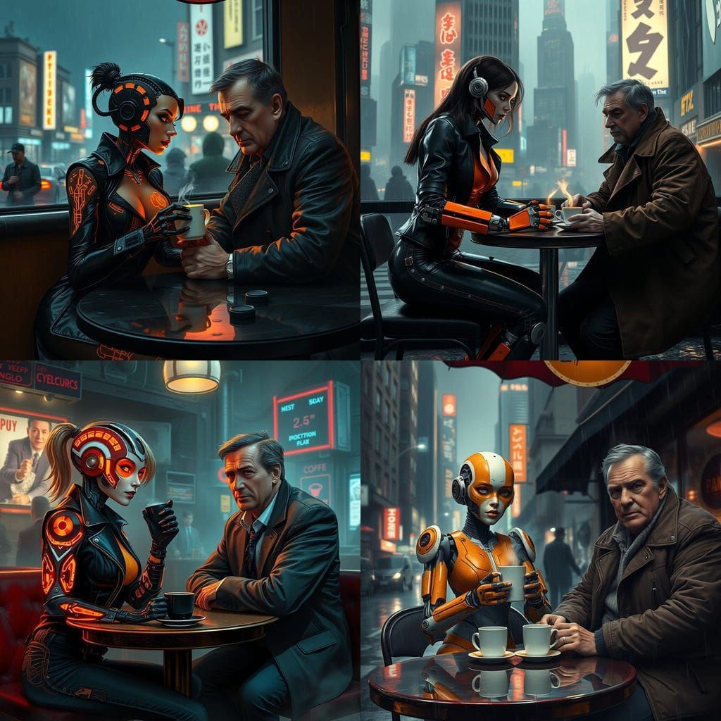 Cyborg Female Sips Coffee with Mysterious Stranger... - AI Art