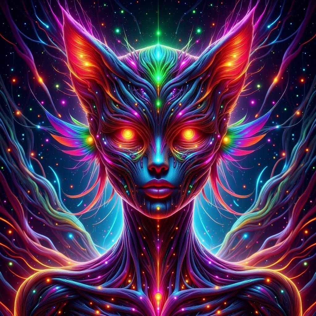 Neon Rainbow Space Cat in Futuristic Cyberpunk Sty... - AI Art