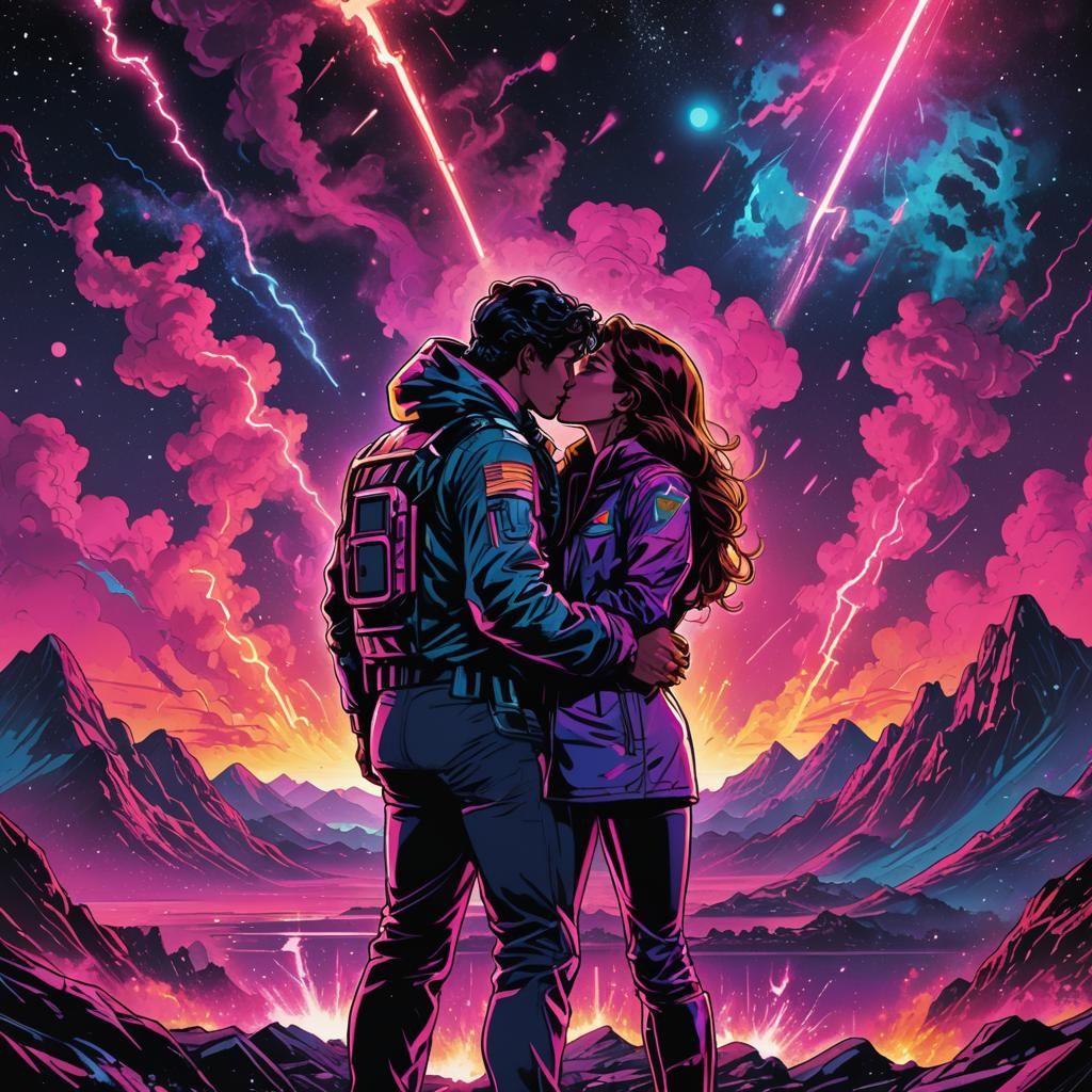 Retro Comic Art , Neon Cosmic Space Kiss (03) - AI Generated Artwork ...