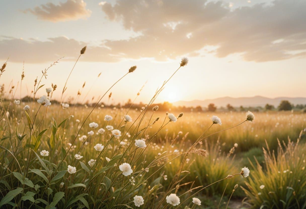 Slender plants and fluffy white flowers in the foreground.